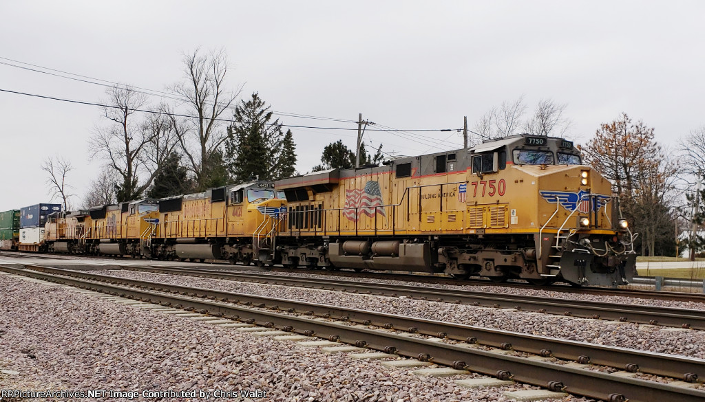 UP 7750 East with a stack train